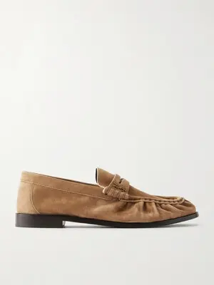 Saint Laurent Le Loafer Cassandre-embellished Suede Loafers - Neutrals
