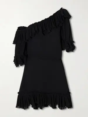 Saint Laurent Off-the-shoulder Ruffled Silk-crêpon Dress - Black