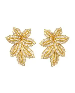 CRYSTALS AND CO Gold Crystal Leaf Earrings With Pave Baguette Cubic Zirconia