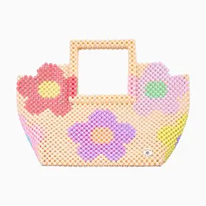 TILLIE BEADS Daisy Square Handle Tote Bead Bag Neutrals - White