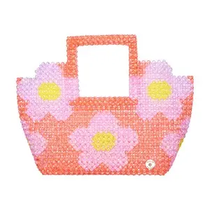 TILLIE BEADS Daisy Square Handle Tote Bead Bag - Orange