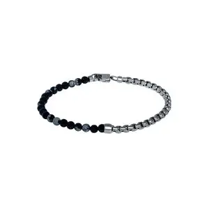 Tateossian Silver / Blue Sennit Beaded Box Chain Bracelet In Black Snowflake Obsidian - Silver/blue