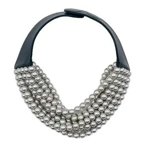 Fairchild Baldwin Bella Glass Pearl On Black Leather Collar Necklace - Silver