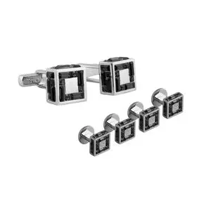 Tateossian Silver / Black Cube Shaped Cufflink Stud Set With Swarovski Elets