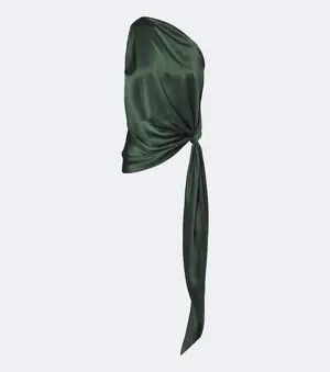 THE SEI Draped One-shoulder Silk Satin Top - Green