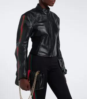 Gucci Web Stripe Leather Biker Jacket