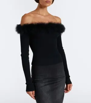 Gucci Feather-trimmed Ribbed-knit Top