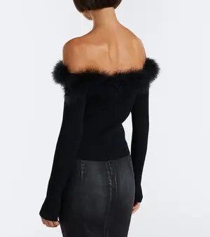 Gucci Feather-trimmed Ribbed-knit Top