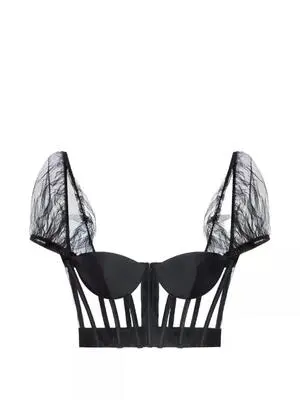 Elisabetta Franchi Mesh And Gazar Bustier Top With Puffy Sleeves - Black