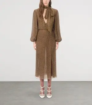 Valentino Garavani Leopard Print Silk-blend Midi Dress With Embellished Cuffs