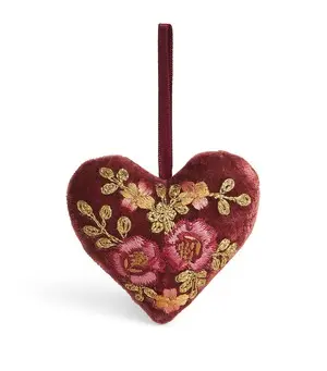 ANKE DRECHSEL Velvet Heart-shaped Bauble With Embroidered Flowers - Red