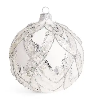 Harrods Glass Glitter Flower Bauble - Silver