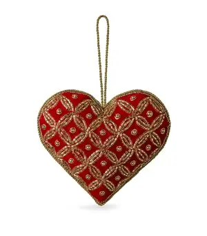 Harrods Beaded Heart Christmas Tree Decoration - Red