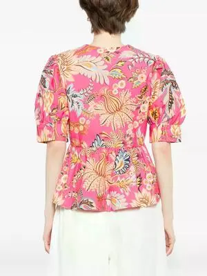 Farm Rio Floral Print V-neck Puff Sleeve Blouse