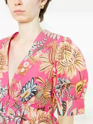 Farm Rio Floral Print V-neck Puff Sleeve Blouse