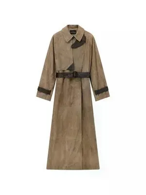 Emporio Armani Suede Trench Coat With Leather Trim - Neutrals