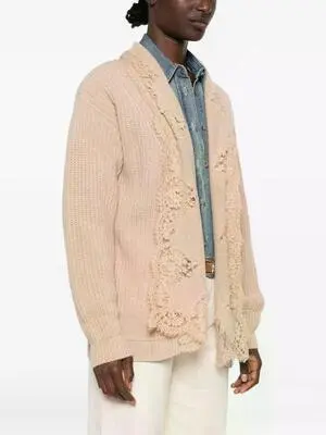 ERMANNO FIRENZE Beige Ribbed Knit Lace Trim Cardigan