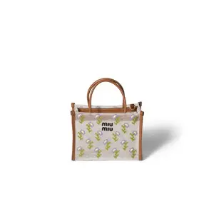 Miu Miu Embroidered Mesh Top Handle Bag - Cognac