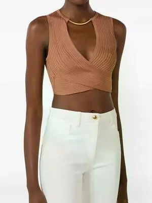 Elisabetta Franchi Ribbed-knit Wrap-front Cropped Top - Brown