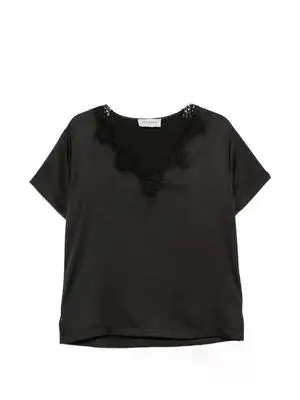 ERMANNO FIRENZE V-neck Lace-trim Satin Top - Black