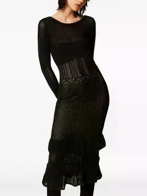 TWINSET Long Wool Blend Knit Dress With Ruffles - Black