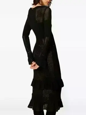 TWINSET Long Wool Blend Knit Dress With Ruffles