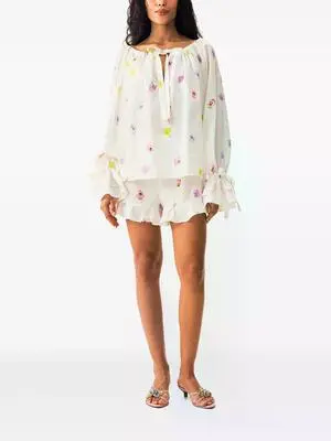Sleeper Floral Print Ruffled Linen Shorts