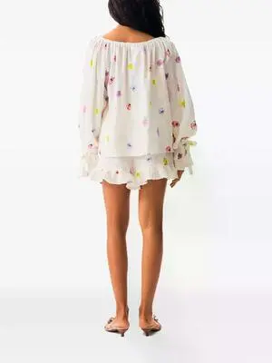 Sleeper Floral Print Ruffled Linen Shorts