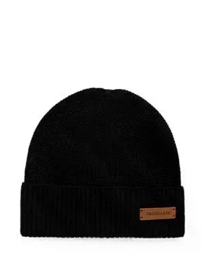 TRUSSARDI Ribbed Knit Beanie Hat With Logo Patch - Black