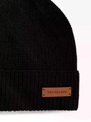TRUSSARDI Ribbed Knit Beanie Hat With Logo Patch