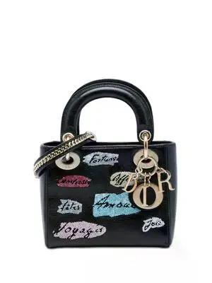 Dior 2016 Mini Calfskin Beaded Lady Satchel - Black