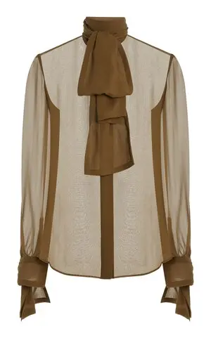 Saint Laurent Silk Mousseline Blouse With Tie Cuffs - Brown