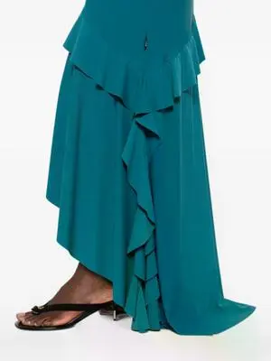 Moschino Teal Green Ruffled Asymmetric Long-sleeve Gown