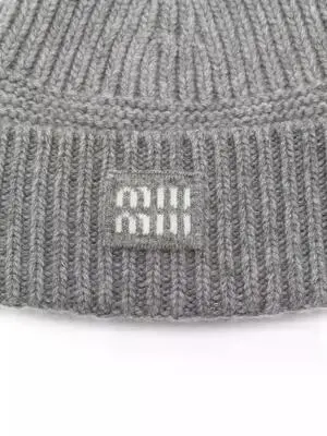 Miu Miu Ribbed Knit Wool Beanie With Logo Patch