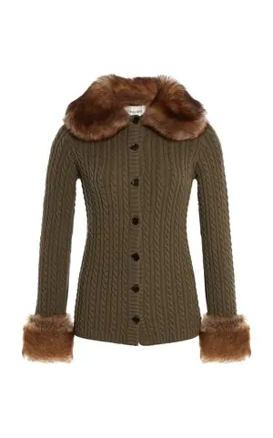 Saint Laurent Cashmere Cable Knit Cardigan With Fur Trim - Neutral