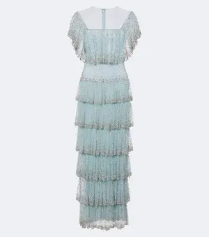 Costarellos Crystal-embellished Tiered Mesh Gown