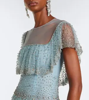 Costarellos Crystal-embellished Tiered Mesh Gown