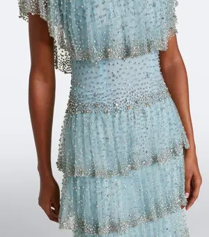 Costarellos Crystal-embellished Tiered Mesh Gown