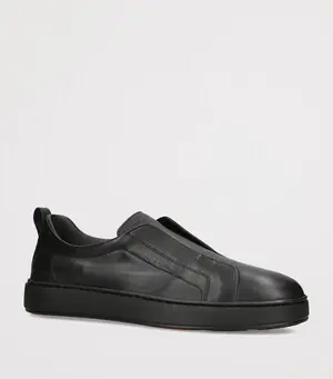 Santoni Leather Slip-on Sneakers - Black