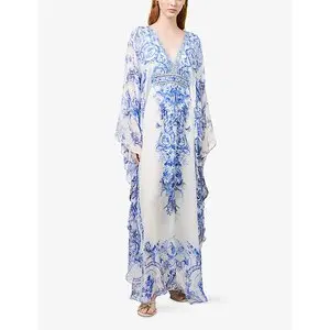 Camilla Porcelain-print V-neck Silk Kaftan