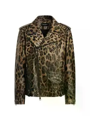Dolce & Gabbana Leopard Print Leather Biker Jacket - Brown