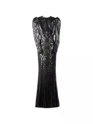 GEMY MAALOUF Sequin Embellished Puff Sleeve Gown - Black