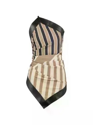 TOD'S Asymmetrical Striped Silk Top With Leather Inserts - Neutrals