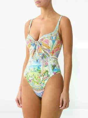 Camilla Printed Tie-front One-piece Swimsuit - Blue