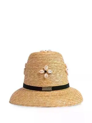 LE NINE Straw Bucket Hat With Flower Embellishments - Neutrals