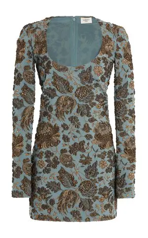 Saint Laurent Floral Stretch-brocade Mini Dress - Blue