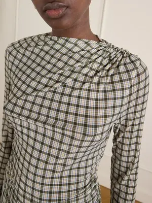 Veronica Beard Nuvina Gathered Checked Stretch-mesh Blouse