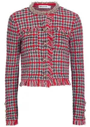 SELF-PORTRAIT Checked-knit Cotton-blend Jacket - Red