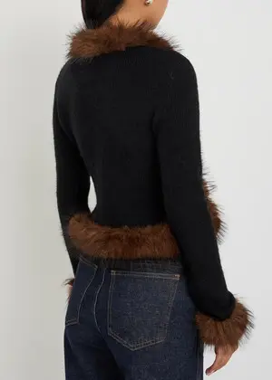 SELF-PORTRAIT Faux Fur Trimmed V-neck Cardigan - Black
