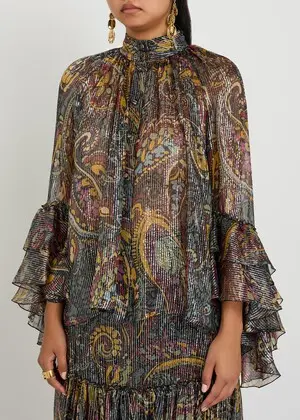Etro Printed Metallic Silk Shirt With Ruffled Cuffs